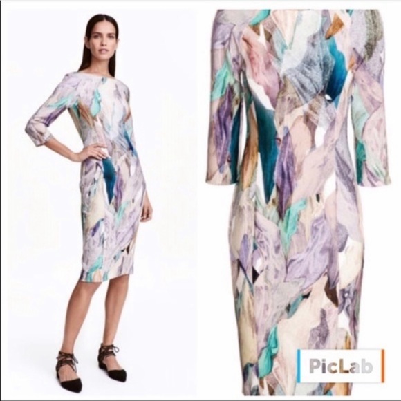 H&M | Dresses | Hm 34 Sleeve Watercolor Print Bodycon Midi Dress | Poshmark